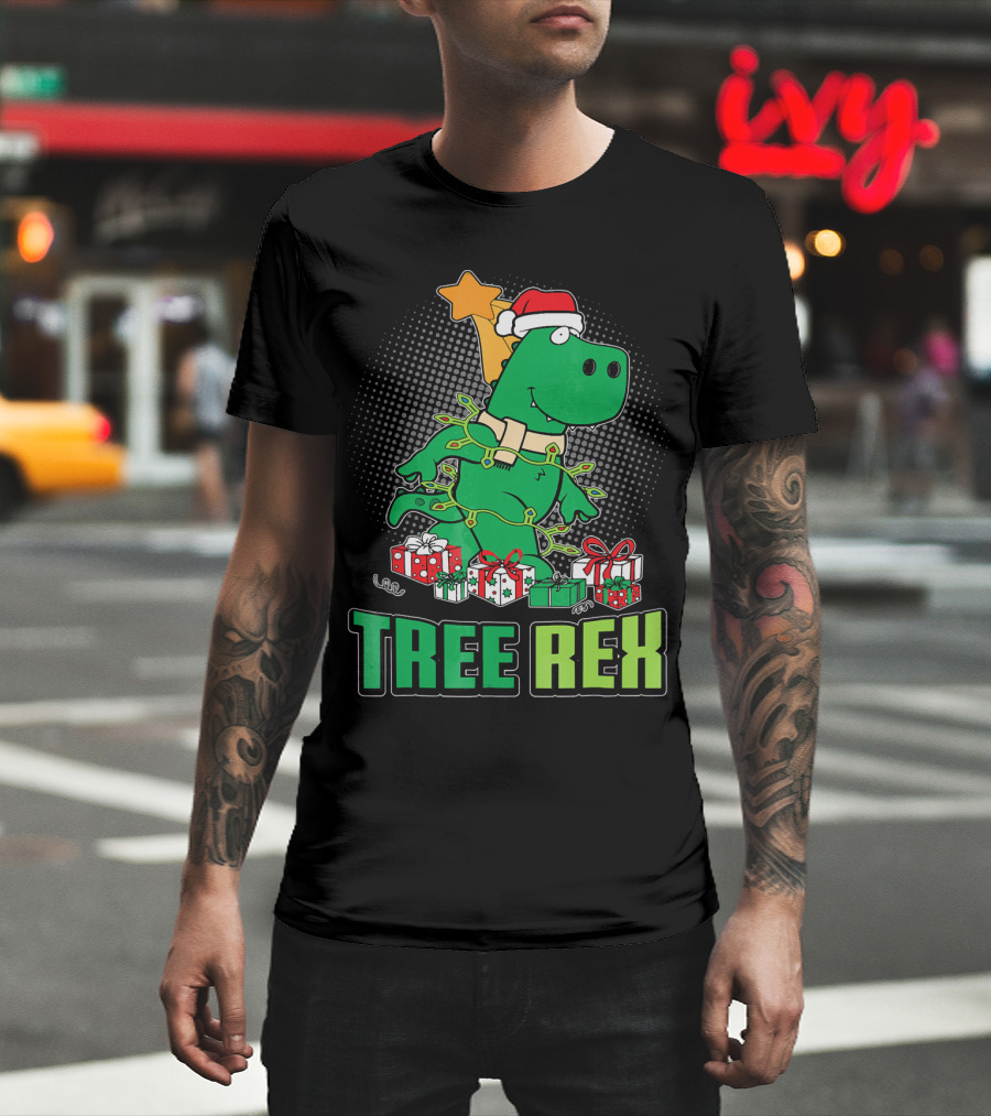 Tree Rex Funny Cute Christmas Dinosaur With Santa Hat And Gifts T-Shirt