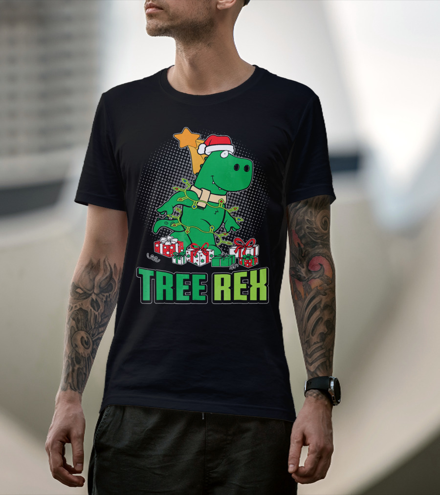 Tree Rex Funny Cute Christmas Dinosaur With Santa Hat And Gifts T-Shirt