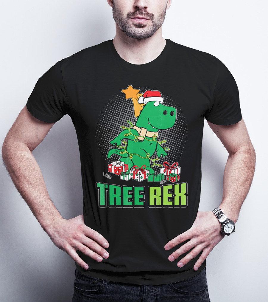 Tree Rex Funny Cute Christmas Dinosaur With Santa Hat And Gifts T-Shirt