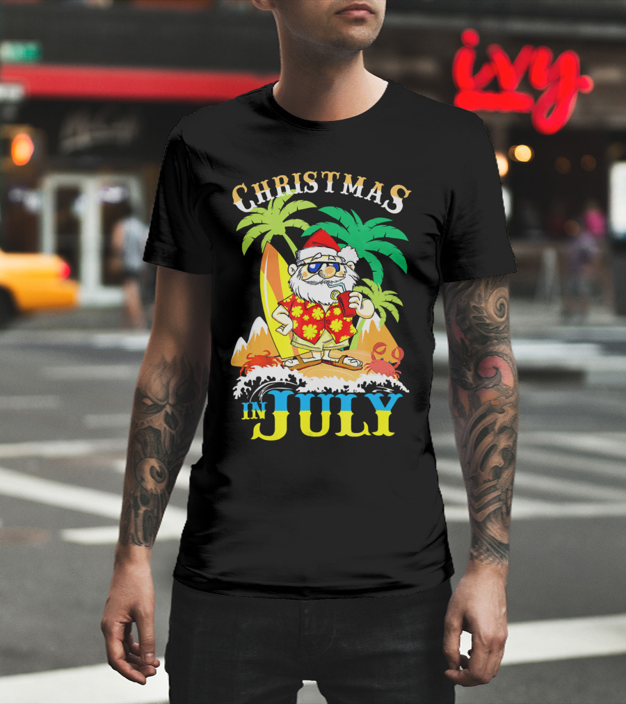Christmas In July Santa Tropical Surf Vibes T-Shirt