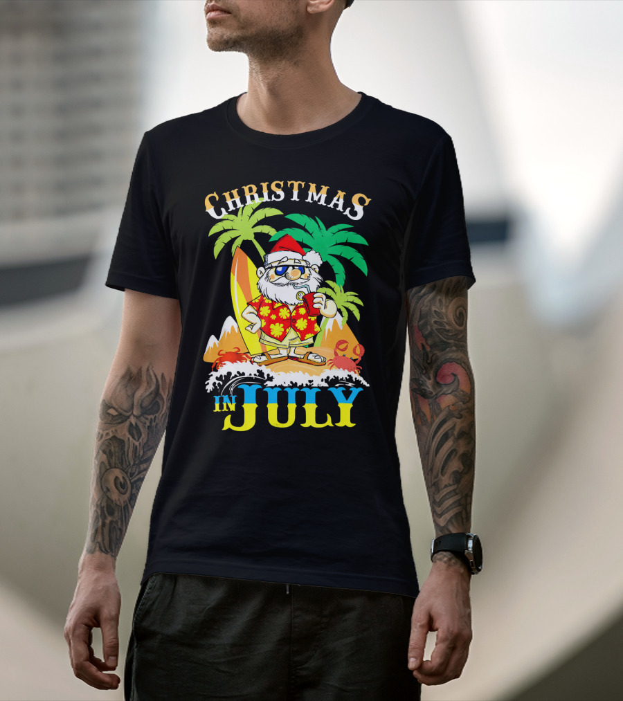 Christmas In July Santa Tropical Surf Vibes T-Shirt