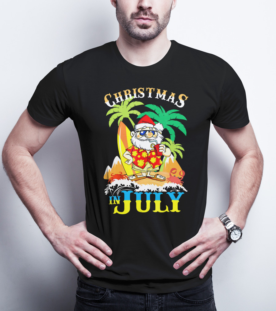 Christmas In July Santa Tropical Surf Vibes T-Shirt
