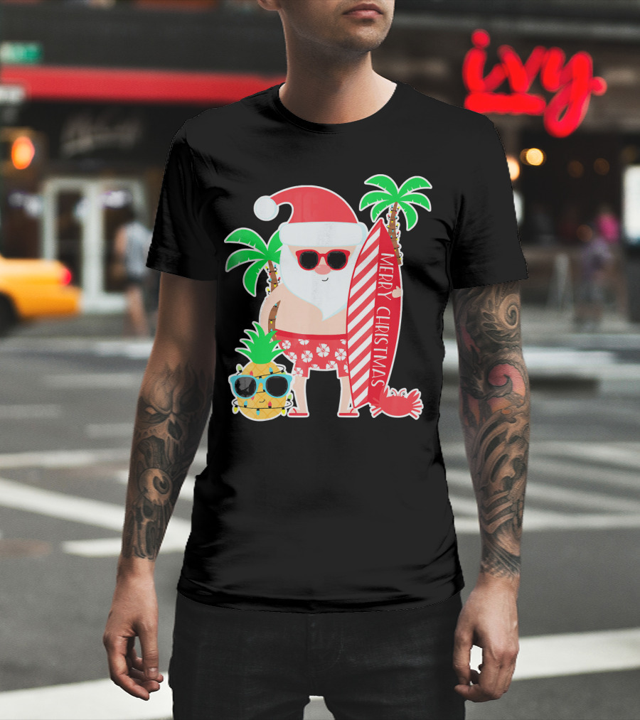 Merry Christmas Santa Surfing Hawaiian Pineapple Palm Trees T-Shirt