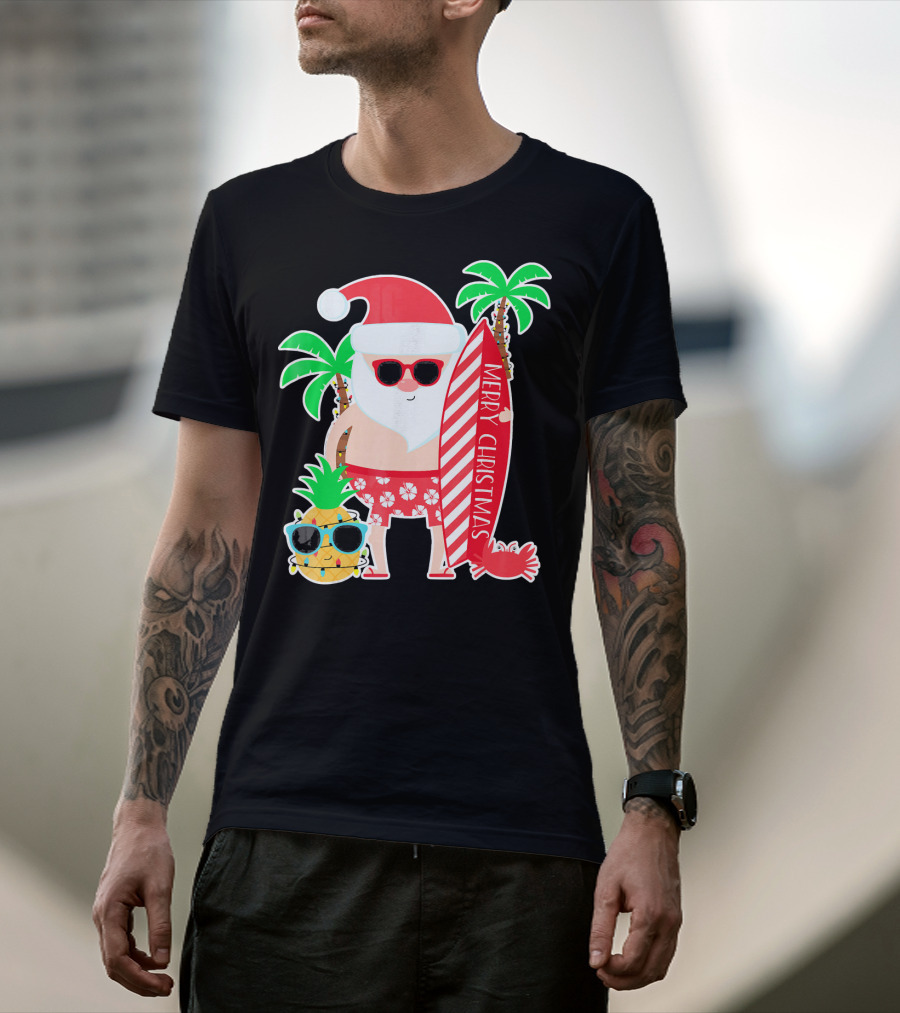 Merry Christmas Santa Surfing Hawaiian Pineapple Palm Trees T-Shirt