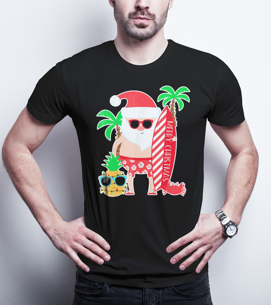 Merry Christmas Santa Surfing Hawaiian Pineapple Palm Trees T-Shirt
