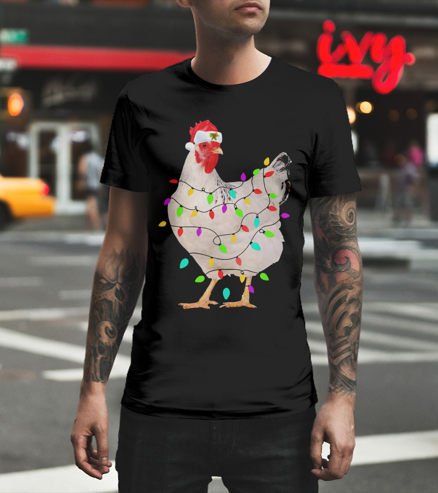 Chicken Christmas Light Funny Chicken Santa Hat Festive Holiday Decor T-Shirt