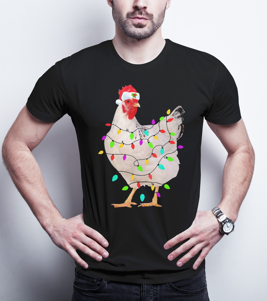Chicken Christmas Light Funny Chicken Santa Hat Festive Holiday Decor T-Shirt
