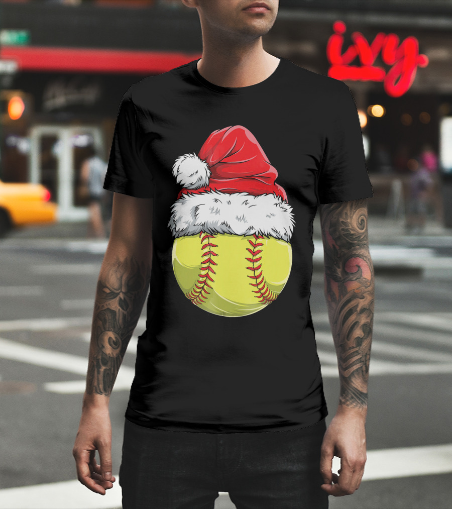 Santa Hat Softball Christmas T-Shirt