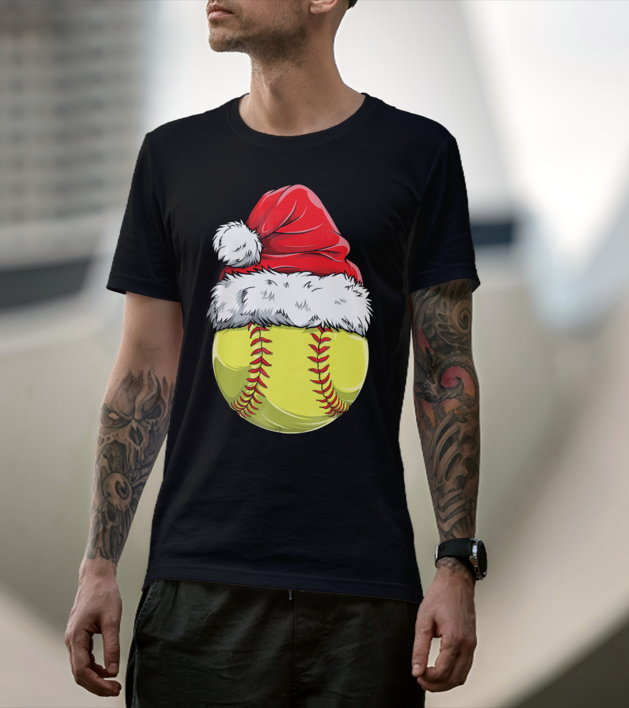 Santa Hat Softball Christmas T-Shirt