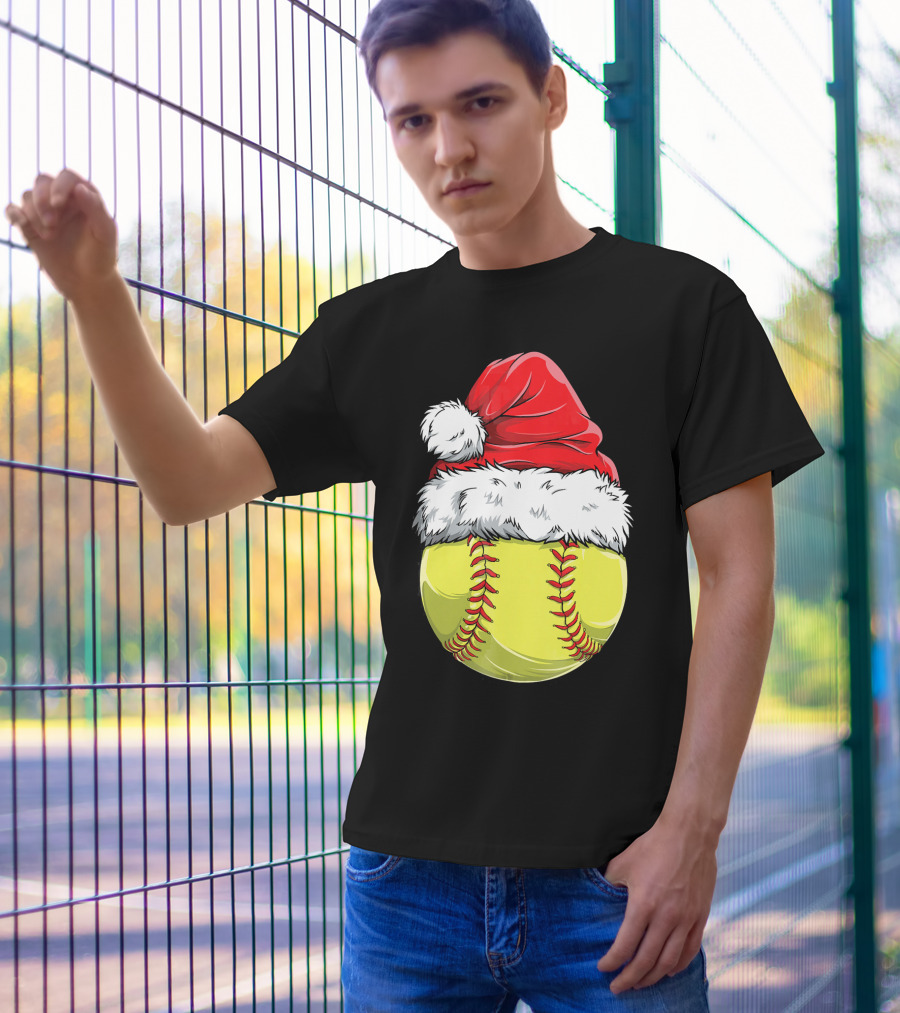 Santa Hat Softball Christmas T-Shirt