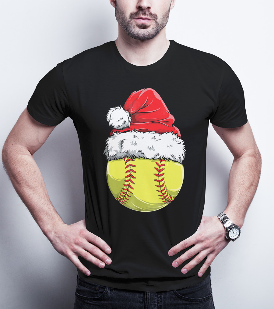 Santa Hat Softball Christmas T-Shirt