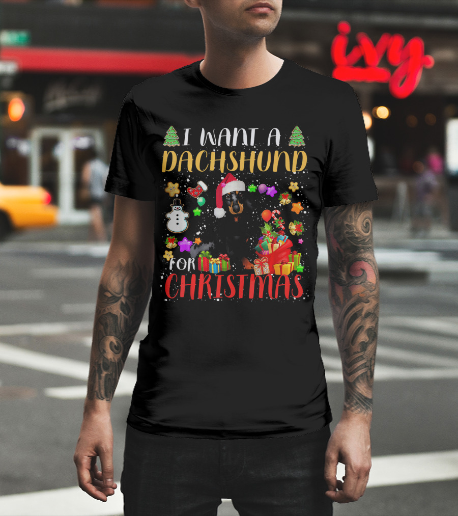 I Want A Dachshund For Christmas Santa Hat Presents Snowman T-Shirt