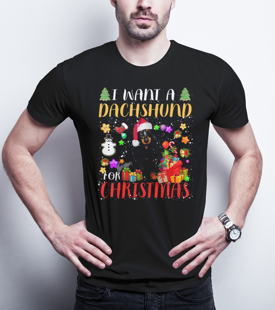I Want A Dachshund For Christmas Santa Hat Presents Snowman T-Shirt