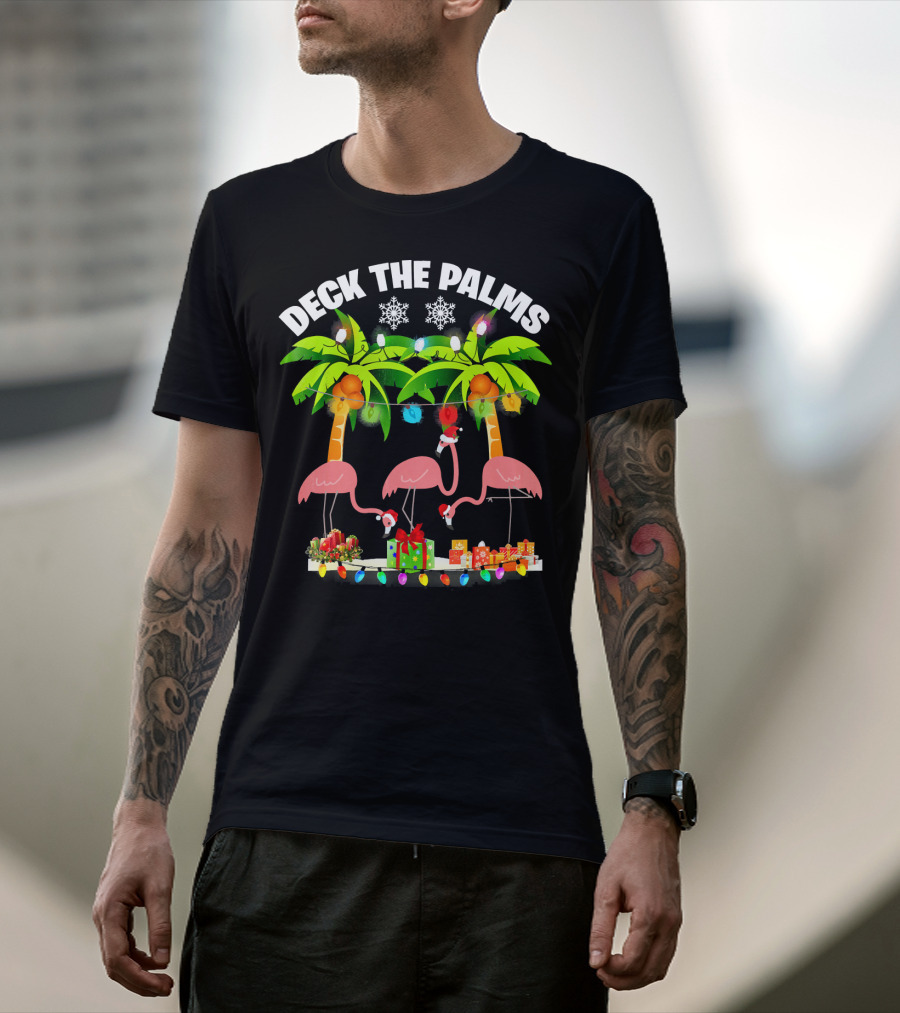 Deck The Palms Flamingo Christmas Lights And Gifts T-Shirt
