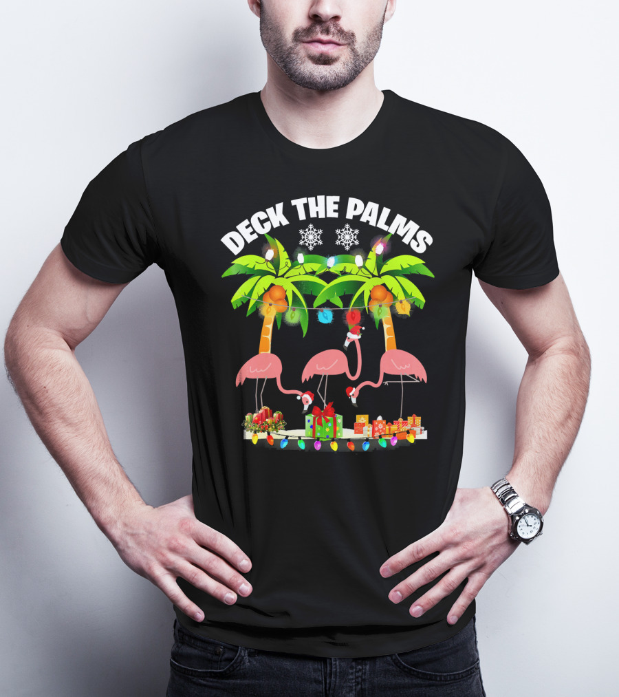Deck The Palms Flamingo Christmas Lights And Gifts T-Shirt