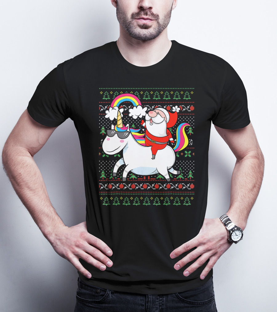 Santa Claus Riding A Rainbow Unicorn Christmas T-Shirt