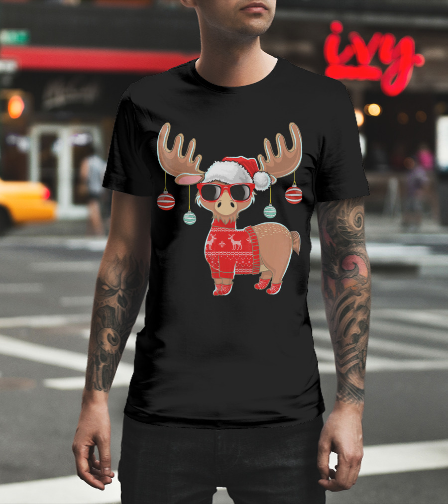 Ugly Christmas Moose Chris With Sweater And Ornaments T-Shirt