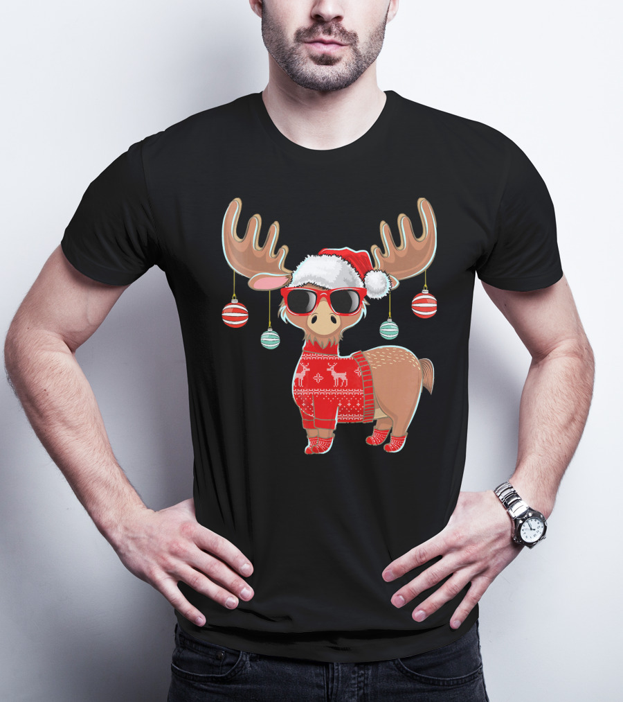 Ugly Christmas Moose Chris With Sweater And Ornaments T-Shirt