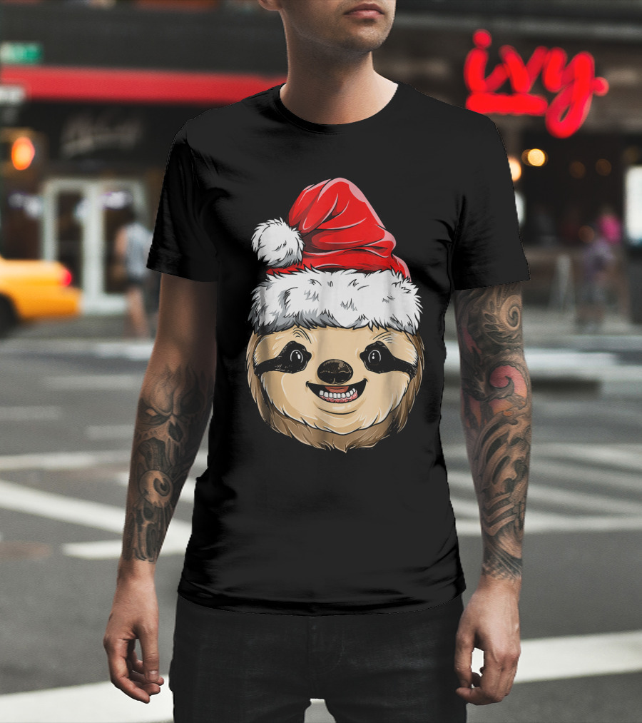 Sloth Santa Christmas Hat Cheerful Face T-Shirt