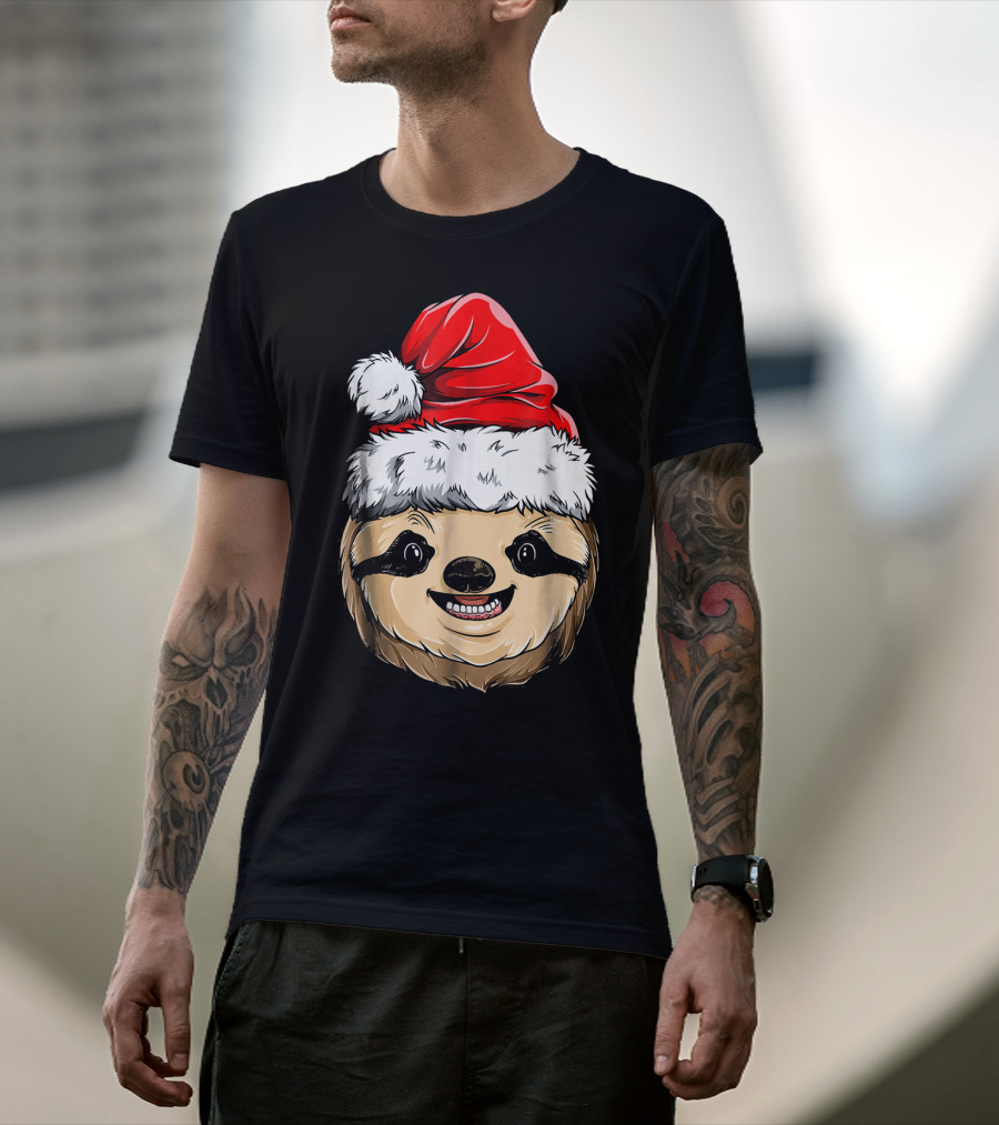 Sloth Santa Christmas Hat Cheerful Face T-Shirt