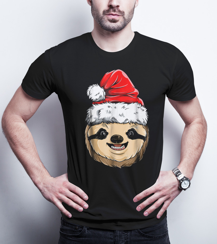 Sloth Santa Christmas Hat Cheerful Face T-Shirt