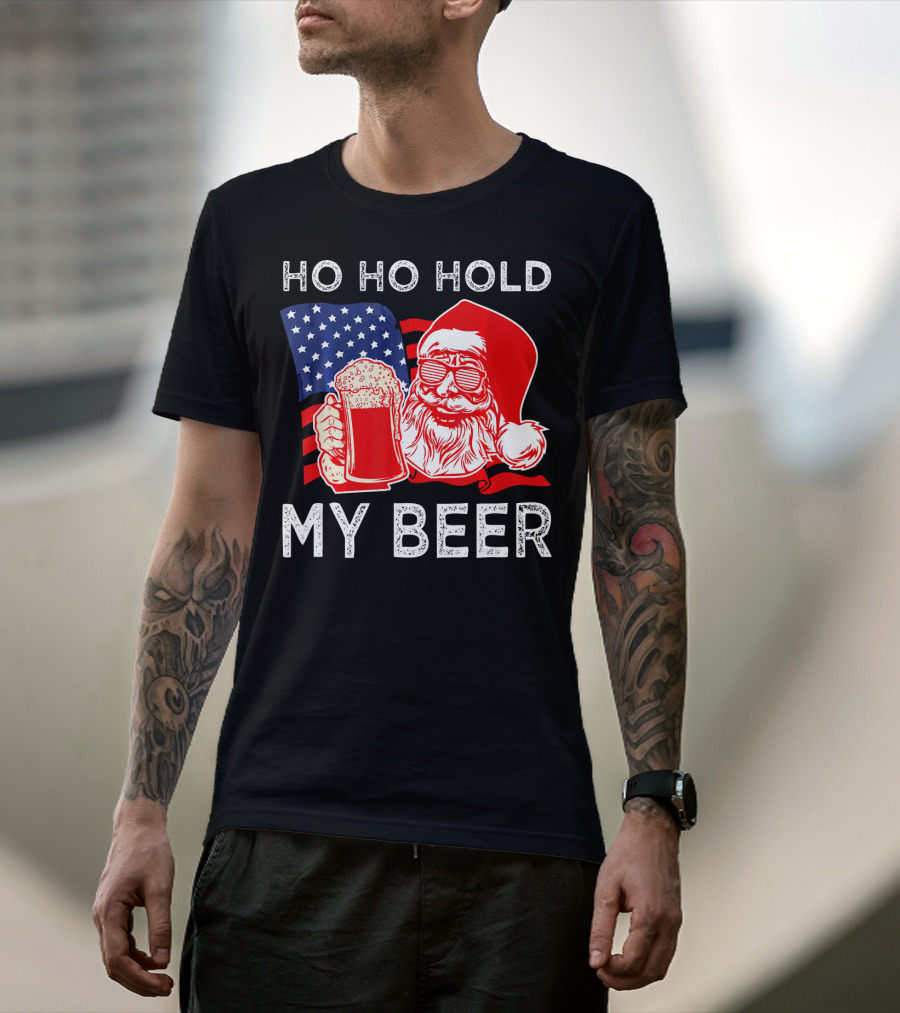 Ho Ho Hold My Beer Santa American Flag T-Shirt