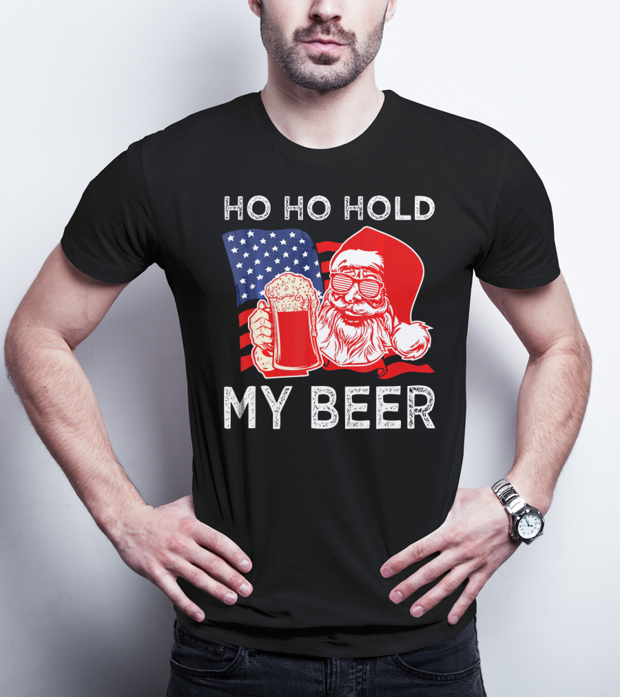 Ho Ho Hold My Beer Santa American Flag T-Shirt