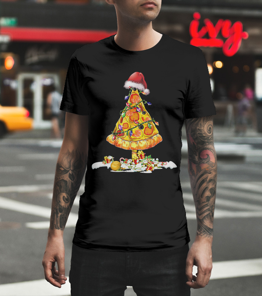 Merry Crustmas Pizza Tree Pizza Lover Holiday Santa Hat T-Shirt