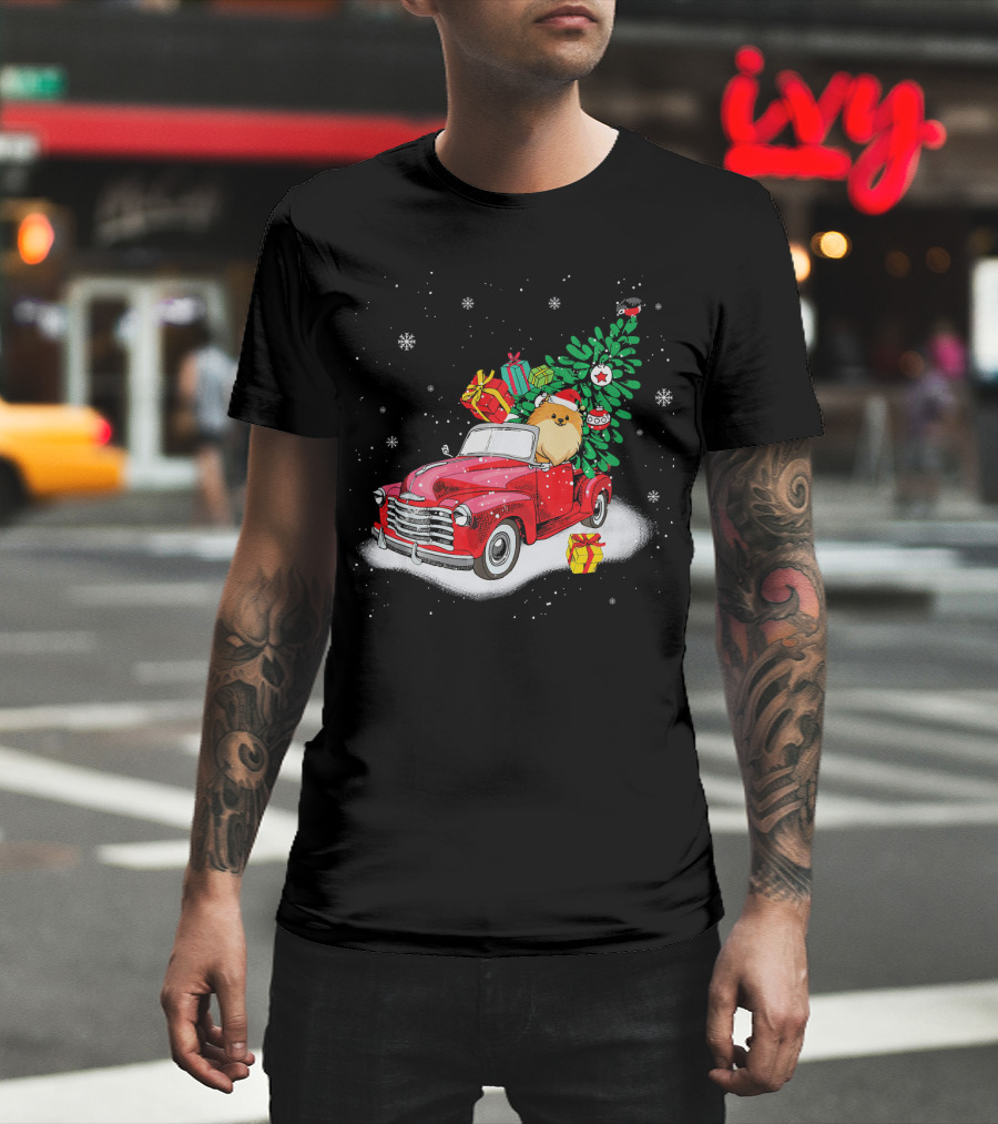 Pomeranian With Christmas Tree And Gifts In Red Truck Snow Scene T-Shirt