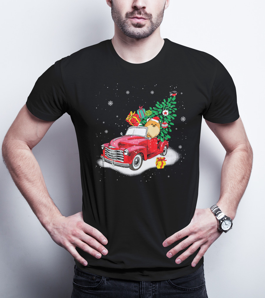 Pomeranian With Christmas Tree And Gifts In Red Truck Snow Scene T-Shirt