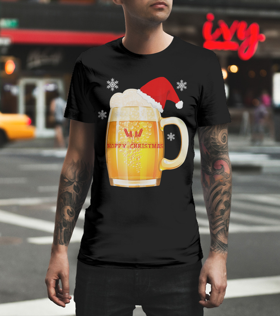 Hoppy Christmas Beer Santa Mug With Snowflakes T-Shirt