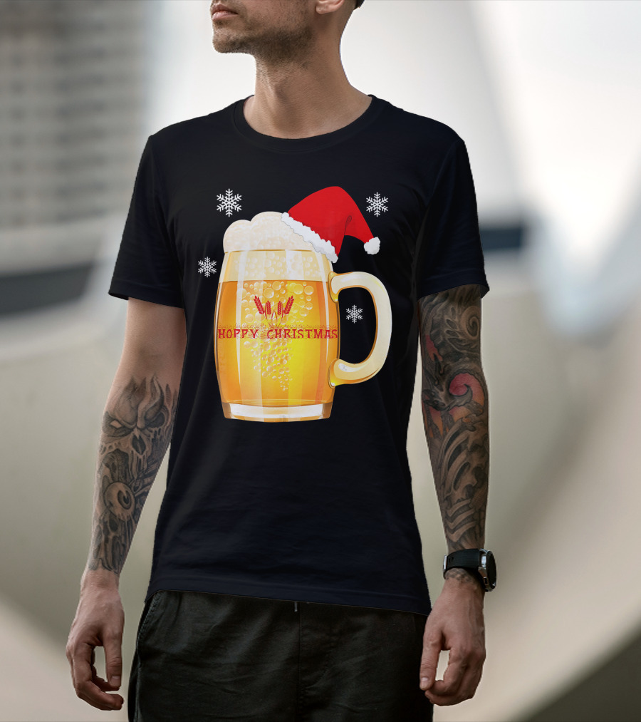 Hoppy Christmas Beer Santa Mug With Snowflakes T-Shirt