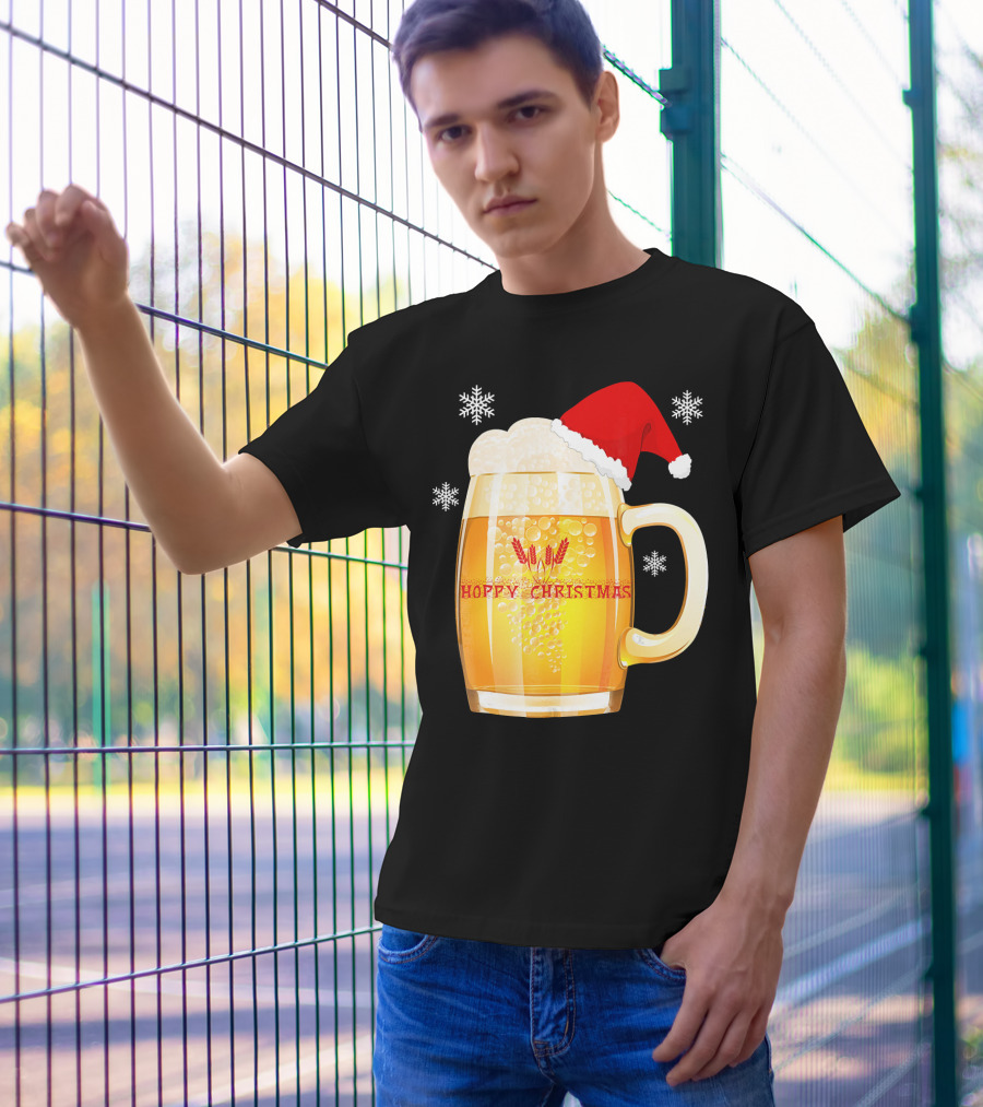 Hoppy Christmas Beer Santa Mug With Snowflakes T-Shirt