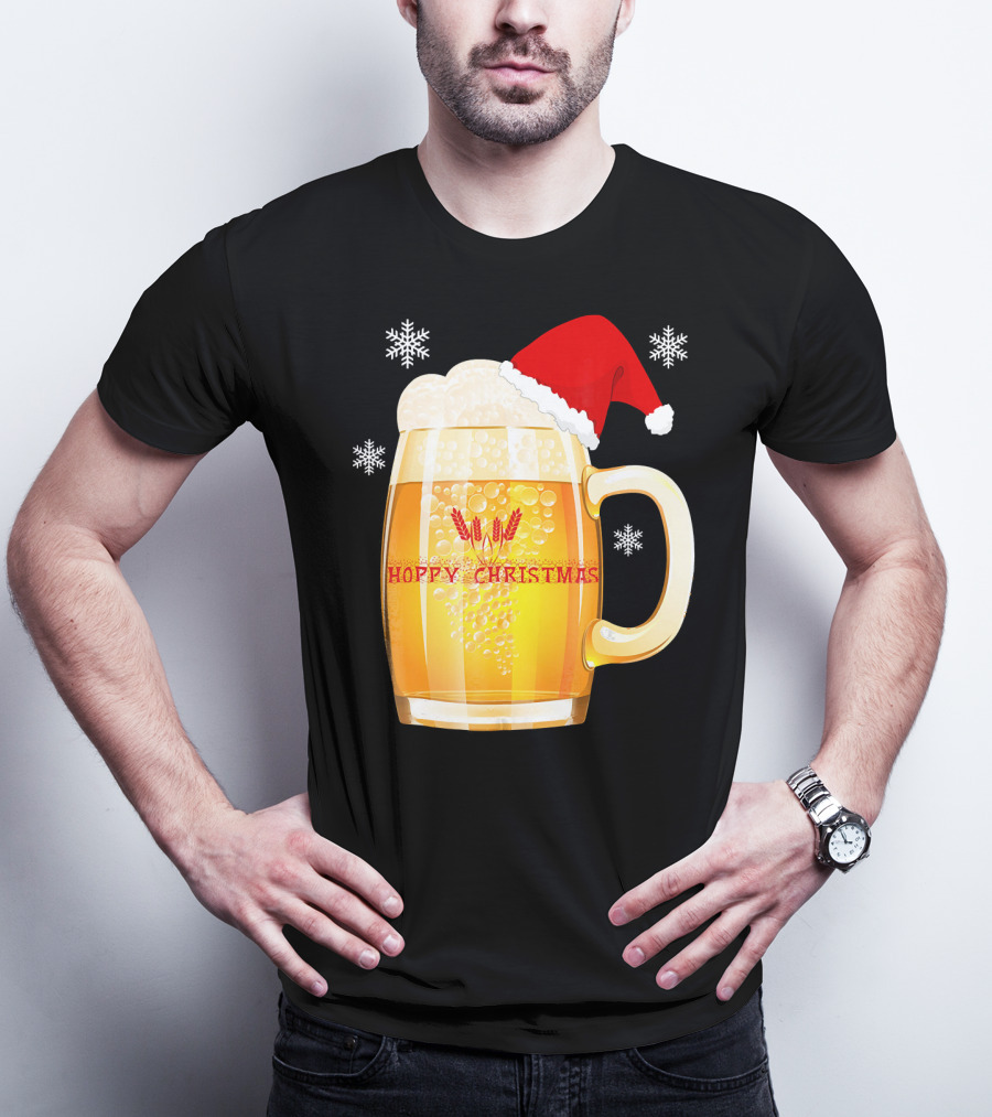 Hoppy Christmas Beer Santa Mug With Snowflakes T-Shirt