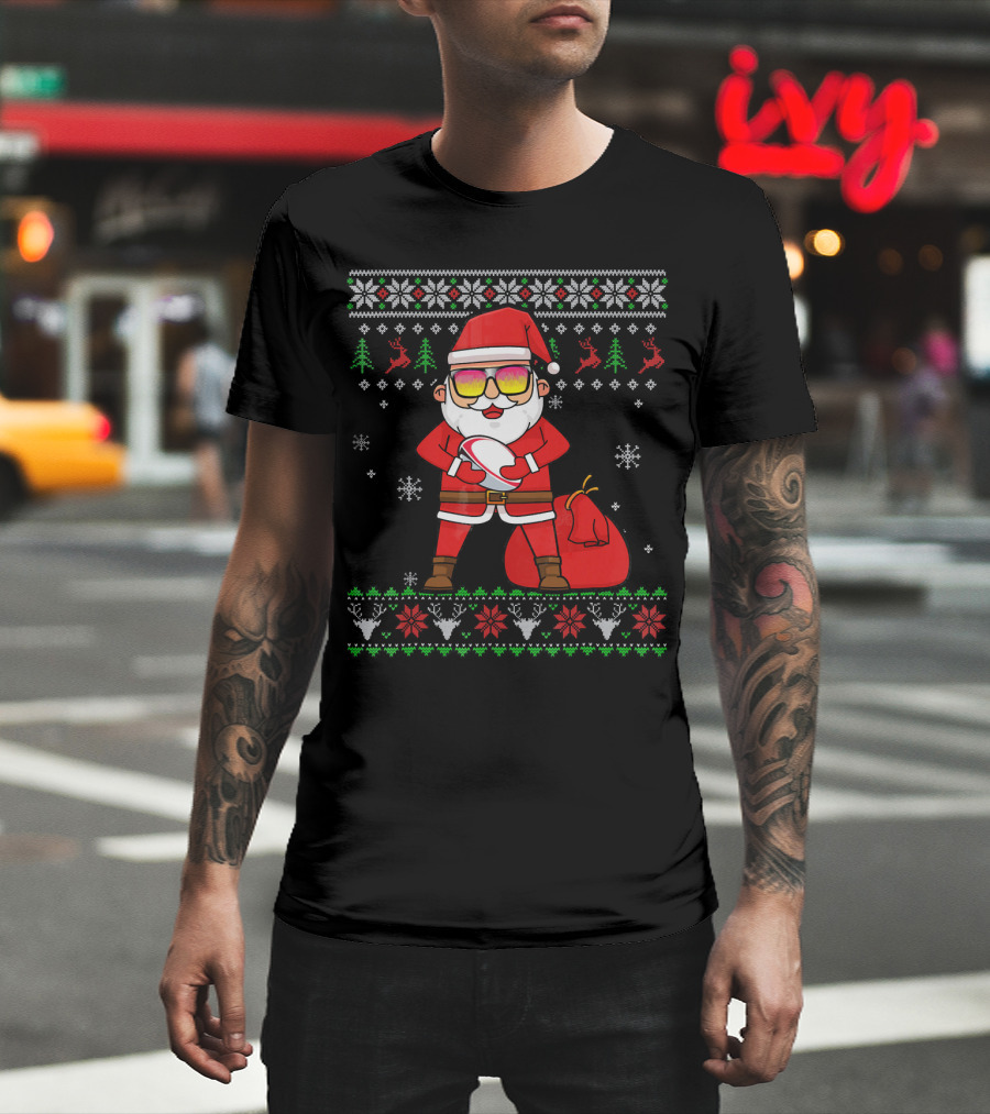 Rugby Ugly Christmas Santa Claus With Sunglasses Snowflakes Reindeer T-Shirt