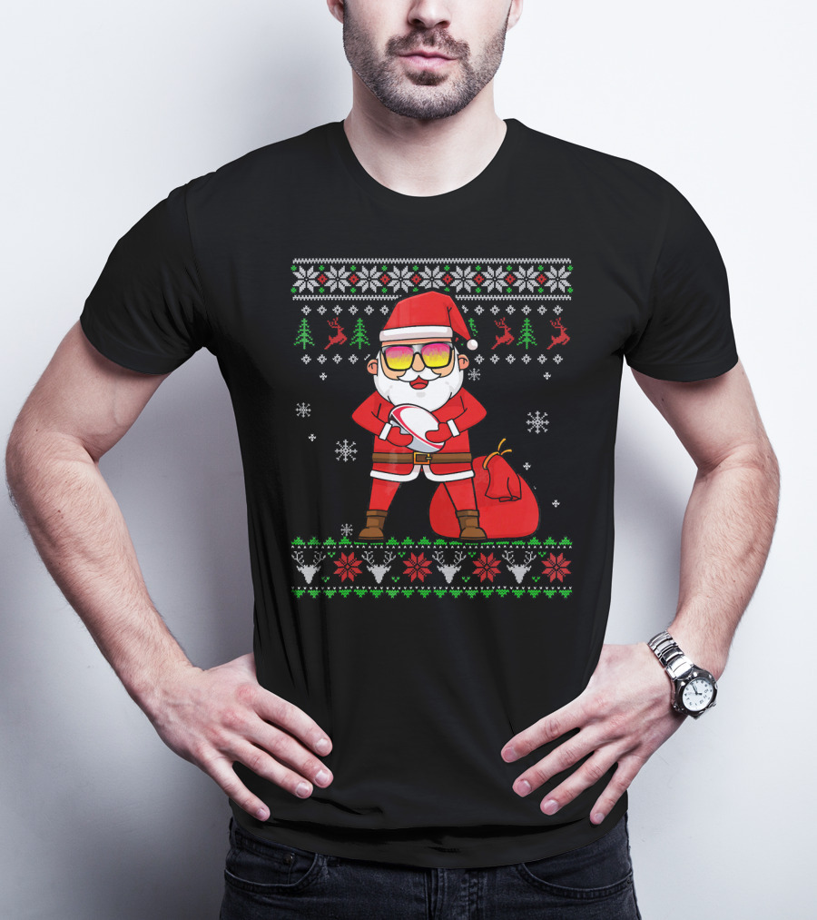 Rugby Ugly Christmas Santa Claus With Sunglasses Snowflakes Reindeer T-Shirt