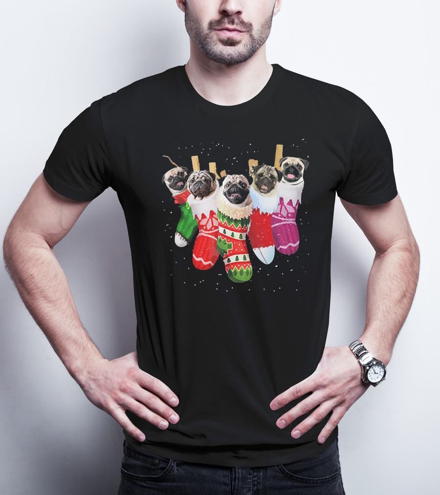 Pug Heads In Colorful Christmas Stockings With Snowflakes T-Shirt