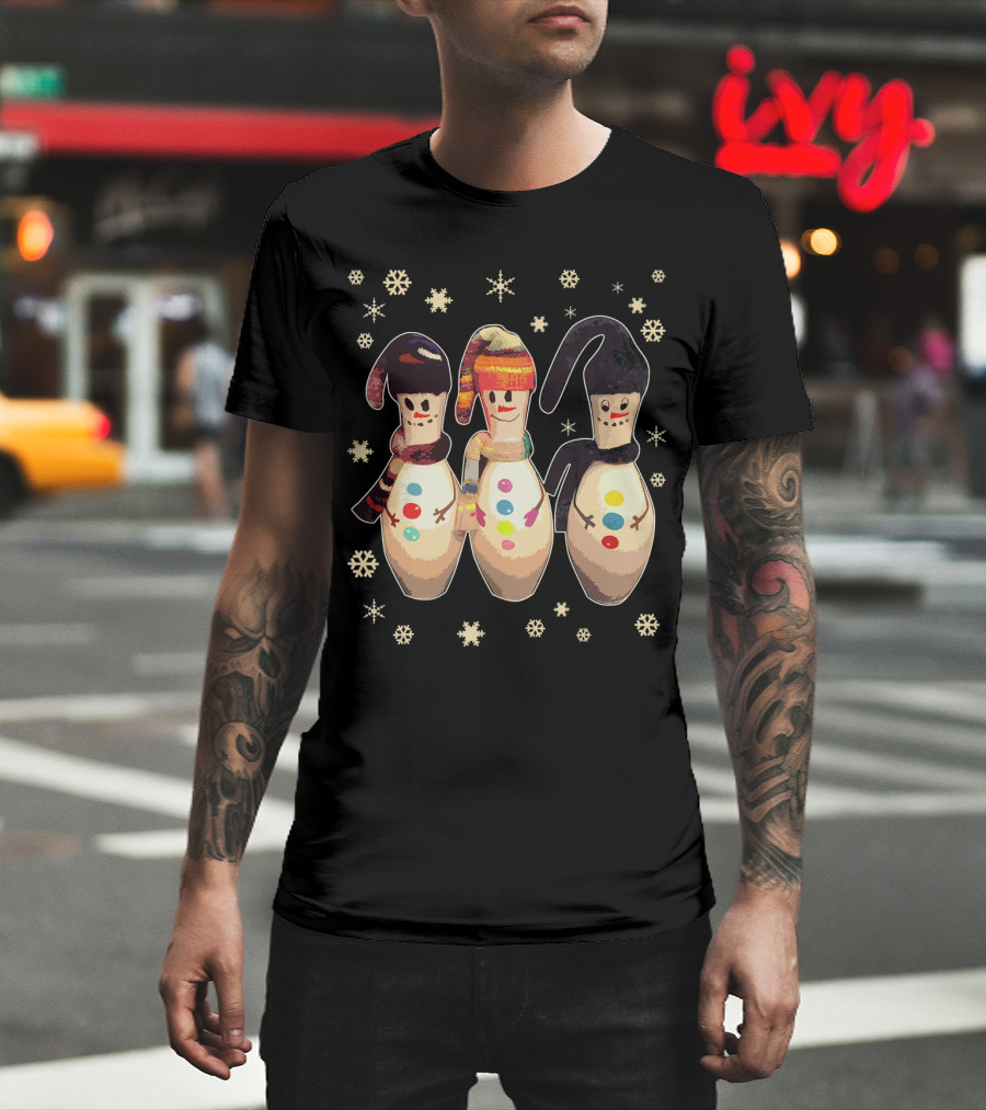 Bowling Pins Winter Snowman Scarves Hats Snowflakes T-Shirt