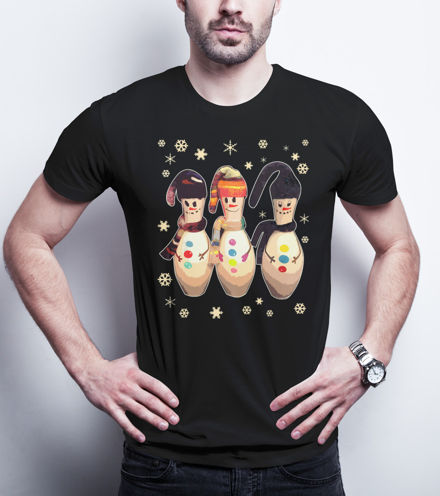 Bowling Pins Winter Snowman Scarves Hats Snowflakes T-Shirt