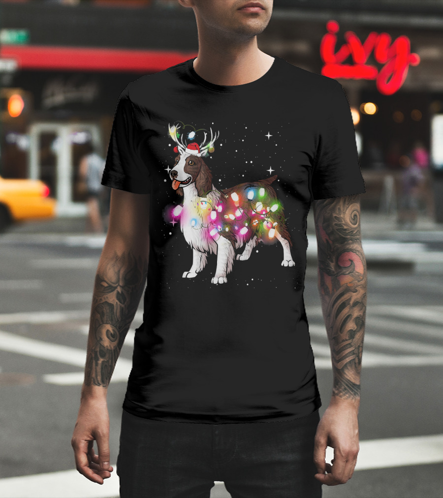 Christmas Lights English Springer Spaniel With Reindeer Antlers And Santa Hat T-Shirt