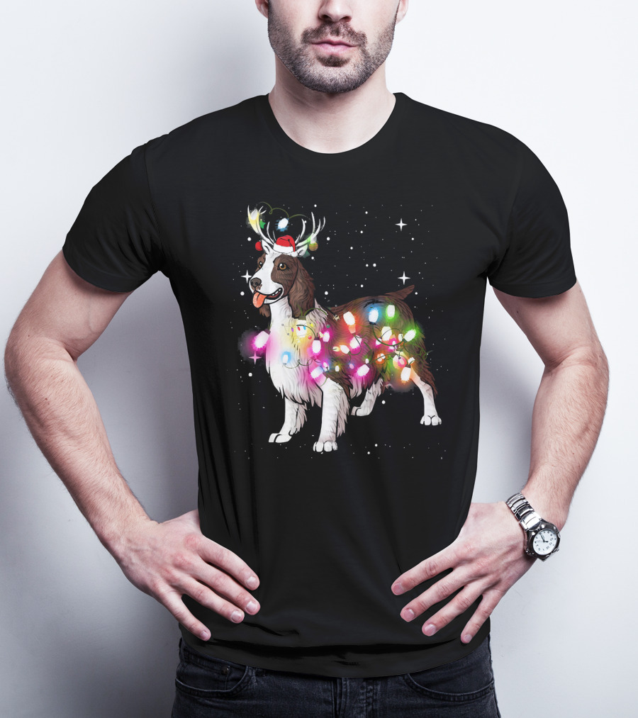 Christmas Lights English Springer Spaniel With Reindeer Antlers And Santa Hat T-Shirt