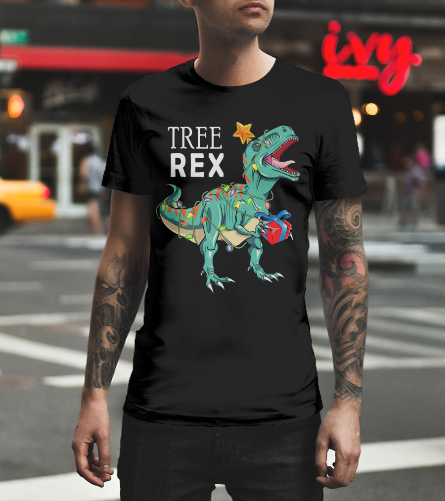 Tree Rex Dinosaur With Christmas Lights And Gift T-Shirt