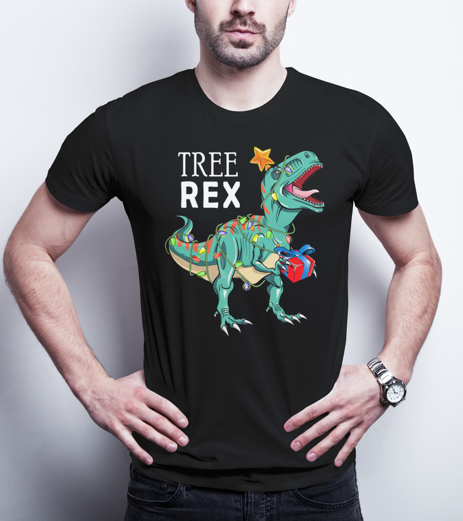 Tree Rex Dinosaur With Christmas Lights And Gift T-Shirt