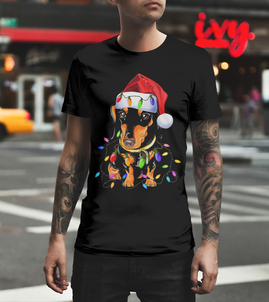 Dachshund Christmas Loves LED Lights Santa Hat T-Shirt