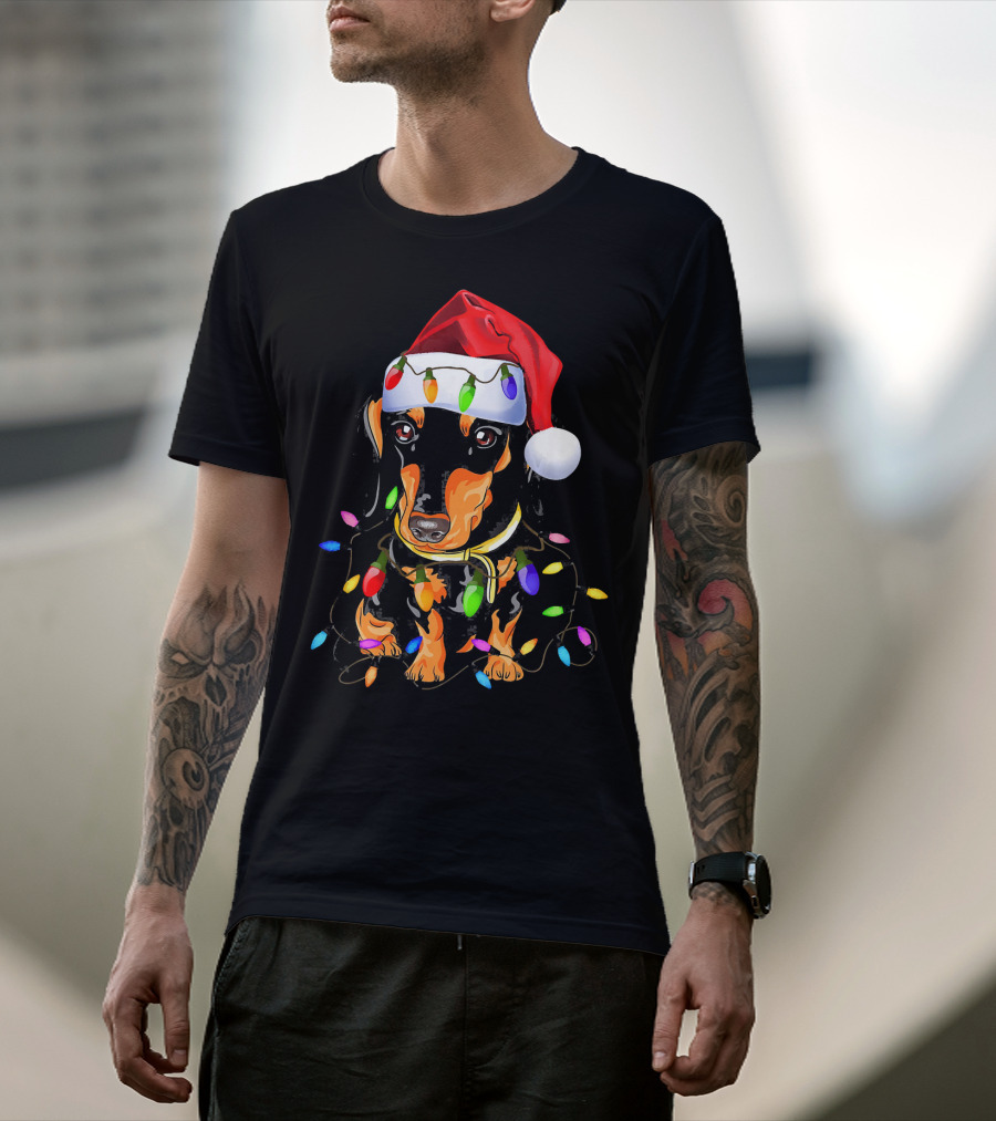 Dachshund Christmas Loves LED Lights Santa Hat T-Shirt