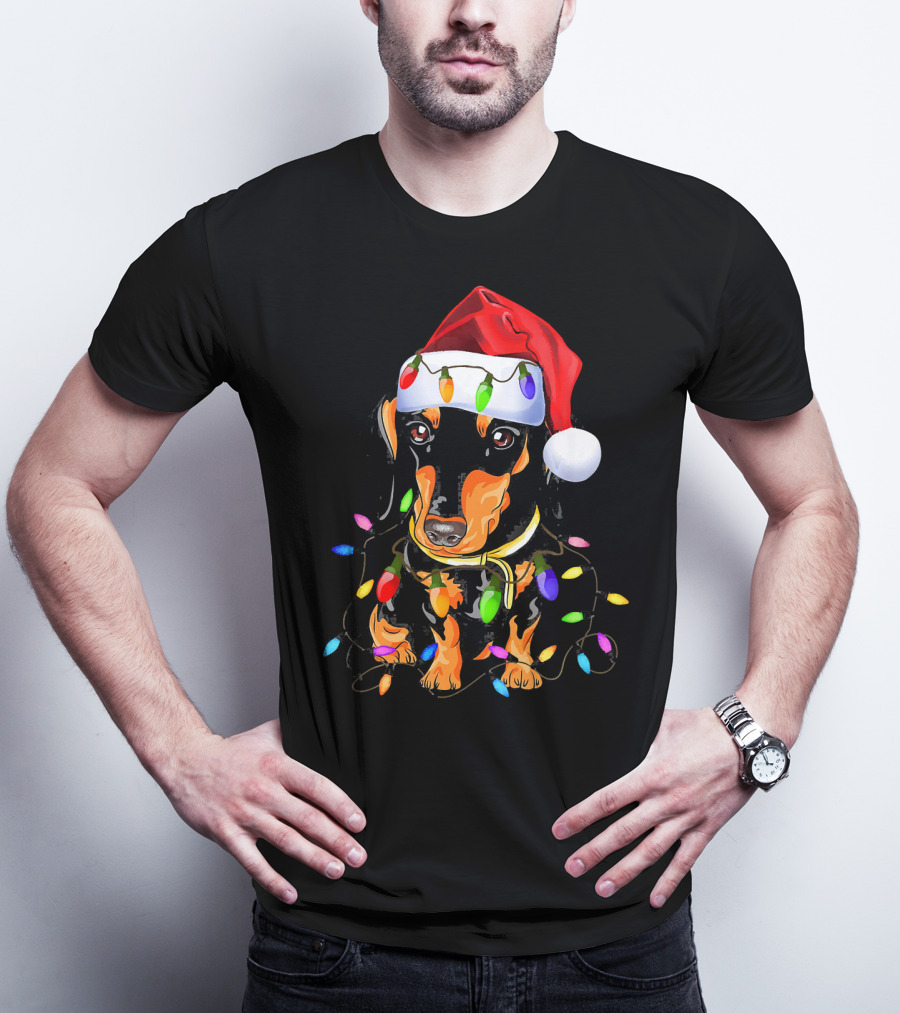 Dachshund Christmas Loves LED Lights Santa Hat T-Shirt