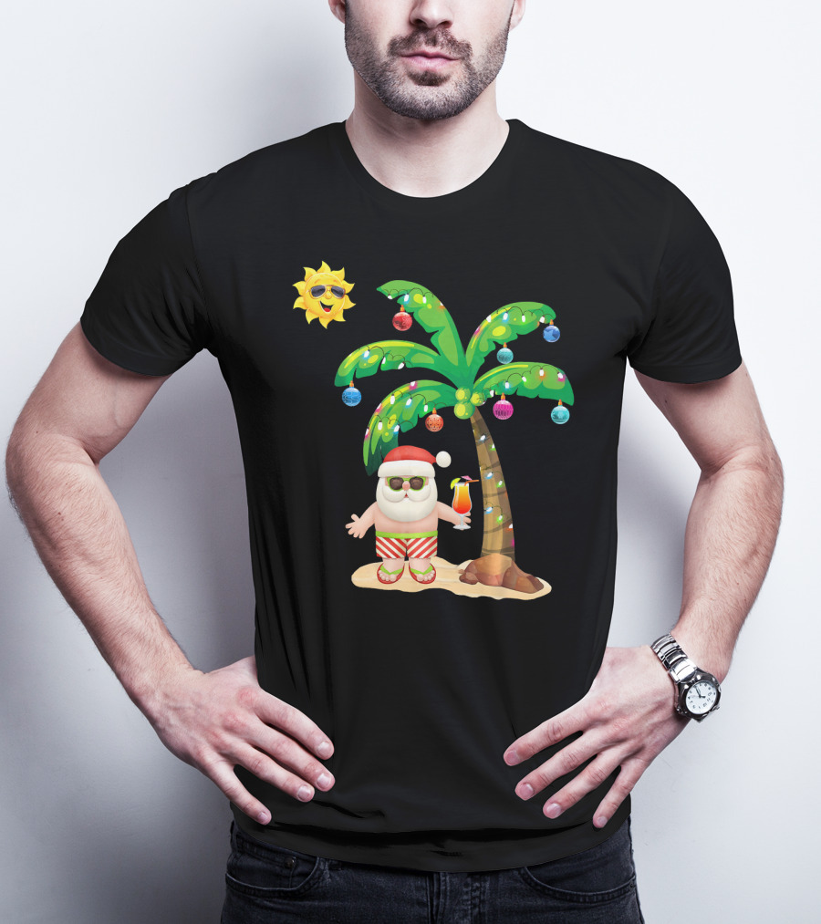July Christmas Palm Tree Santa With Sunglasses And Cocktail T-Shirt