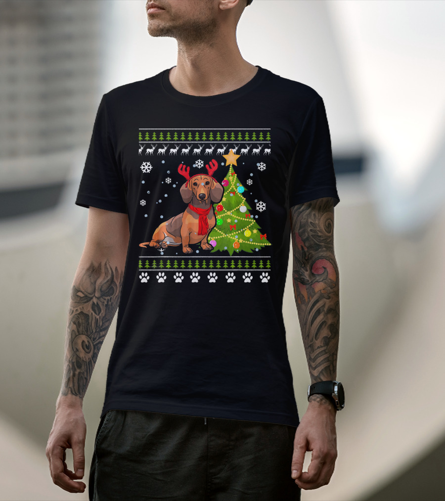 Dachshund Ugly Christmas Reindeer Antlers Christmas Tree Snowflakes T-Shirt