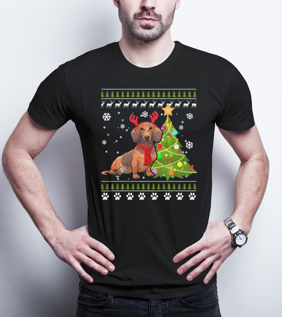 Dachshund Ugly Christmas Reindeer Antlers Christmas Tree Snowflakes T-Shirt