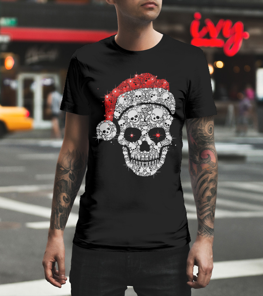Shiny Skull Rhinestone Santa Hat Christmas Skulls T-Shirt